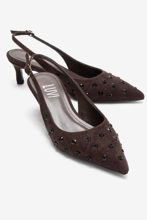 PROLOGUE SHOES Lorex Embellished Stiletto Slingback Pumps - Brown Suede