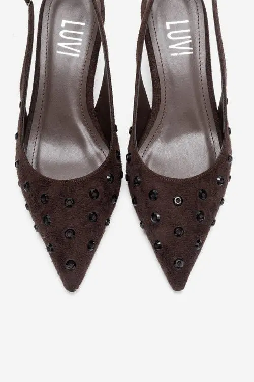 PROLOGUE SHOES Lorex Embellished Stiletto Slingback Pumps - Brown Suede