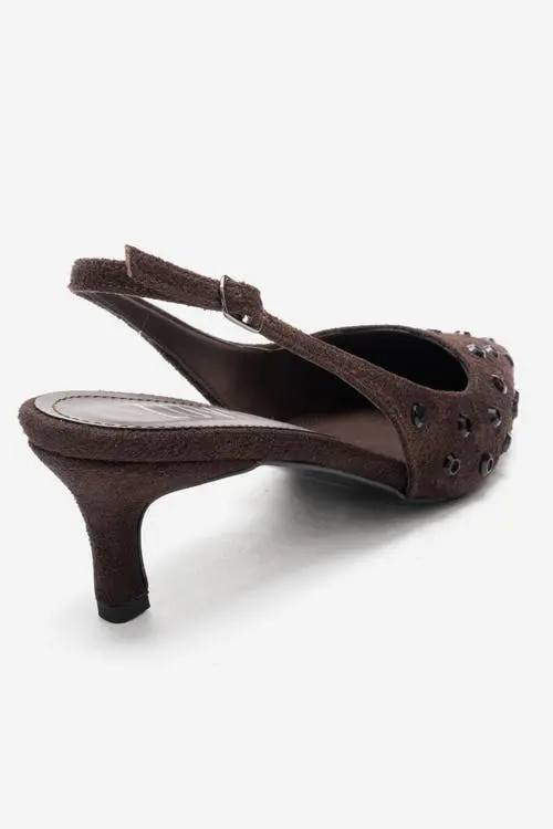 PROLOGUE SHOES Lorex Embellished Stiletto Slingback Pumps - Brown Suede
