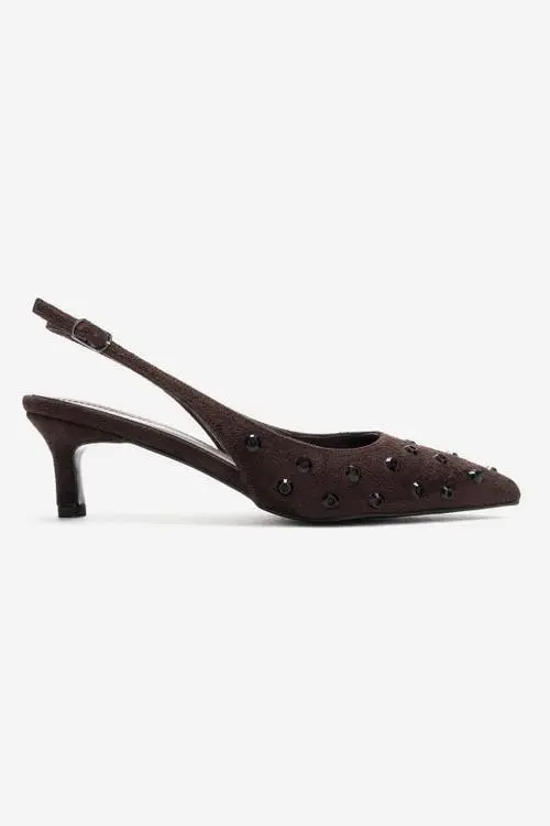 PROLOGUE SHOES Lorex Embellished Stiletto Slingback Pumps - Brown Suede