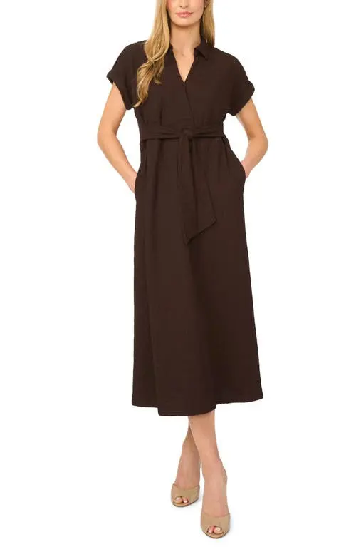 Halogen Tie Belt Textured Midi Dress - Mole