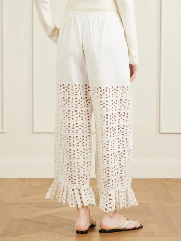 Sea Leila Broderie Anglaise-trimmed Cotton And Linen-blend Wide-leg Pants