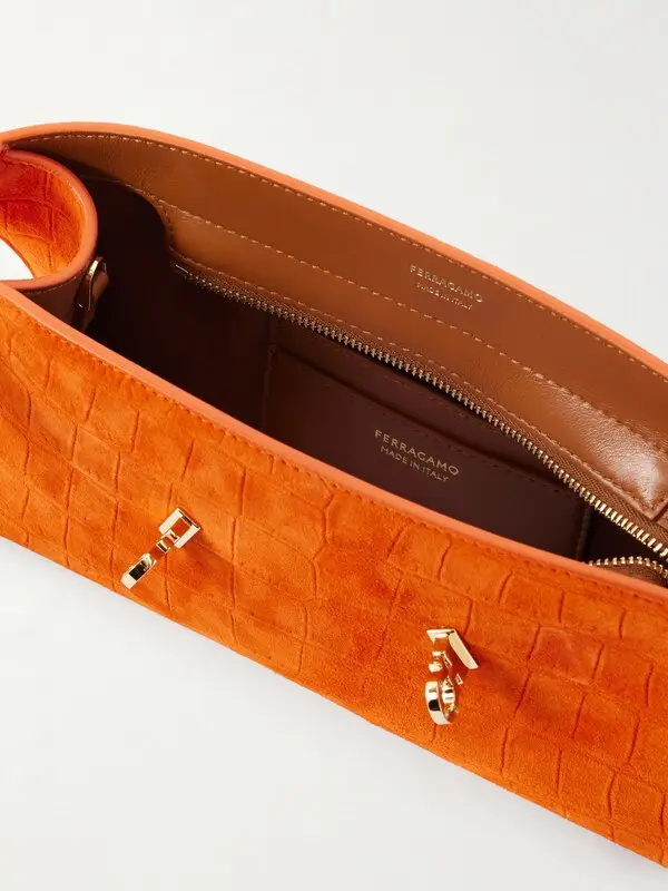 FERRAGAMO Hug Croc-effect Suede Shoulder Bag