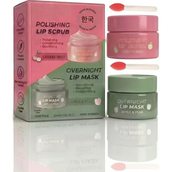 LOVERY Korean Lip Care Duo Setcherry Mint Exfoliating Lip Scrub & Apple And Pear Overnight Lip Mask - Red And Green