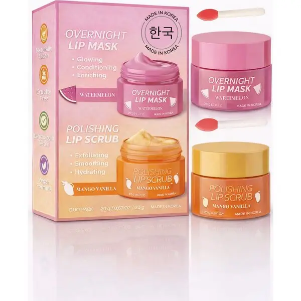 LOVERY Korean Lip Care Duo Setmango Vanilla Exfoliating Lip Scrub & Watermelon Overnight Lip Mask - Pink And Orange