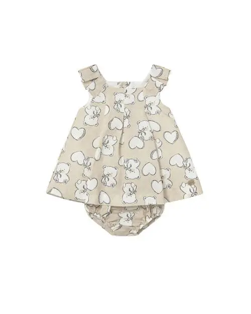 MAYORAL Teddy Bear Print Dress With Nappy Cover - Beige