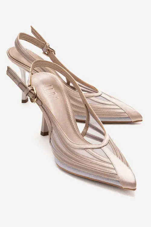 PROLOGUE SHOES Safira Stiletto Pump - Beige Satin