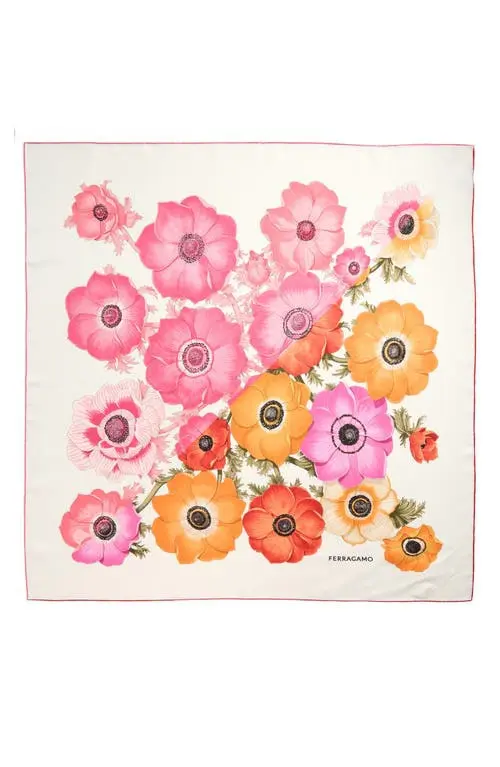 FERRAGAMO Anemone Floral Silk Square Scarf - Ivory/rose/orange