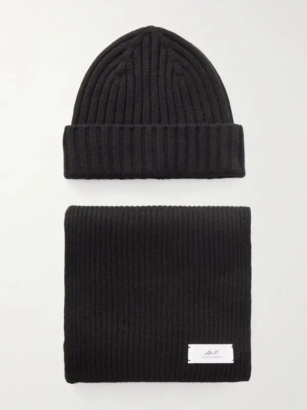 Mr P. Ribbed Cashmere Beanie And Scarf Set - Black