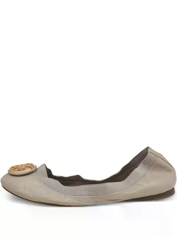 Tory Burch Beige Leather Ballet Flats With Logo Plaque