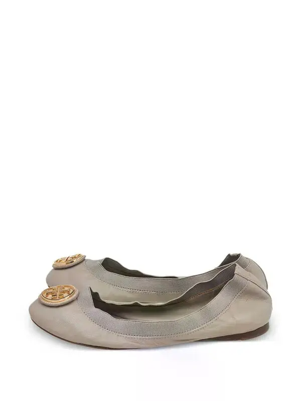 Tory Burch Beige Leather Ballet Flats With Logo Plaque