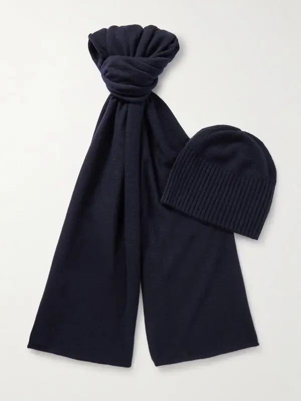 ALLUDE Ribbed Cashmere Beanie And Scarf Set - Blue