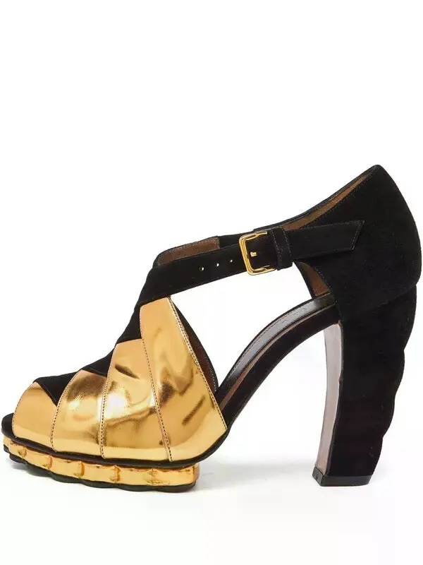 Marni Suede And Gold Metallic Peep-toe Sandals With Sculpted Heel