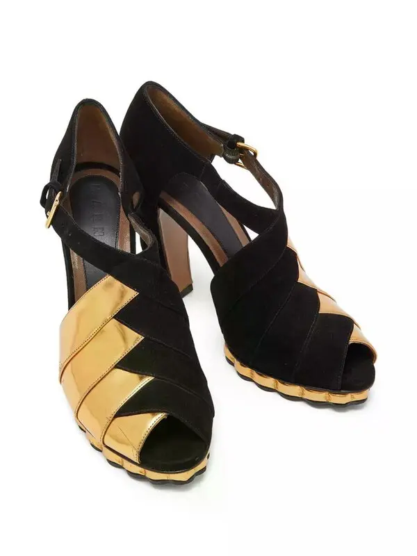 Marni Suede And Gold Metallic Peep-toe Sandals With Sculpted Heel