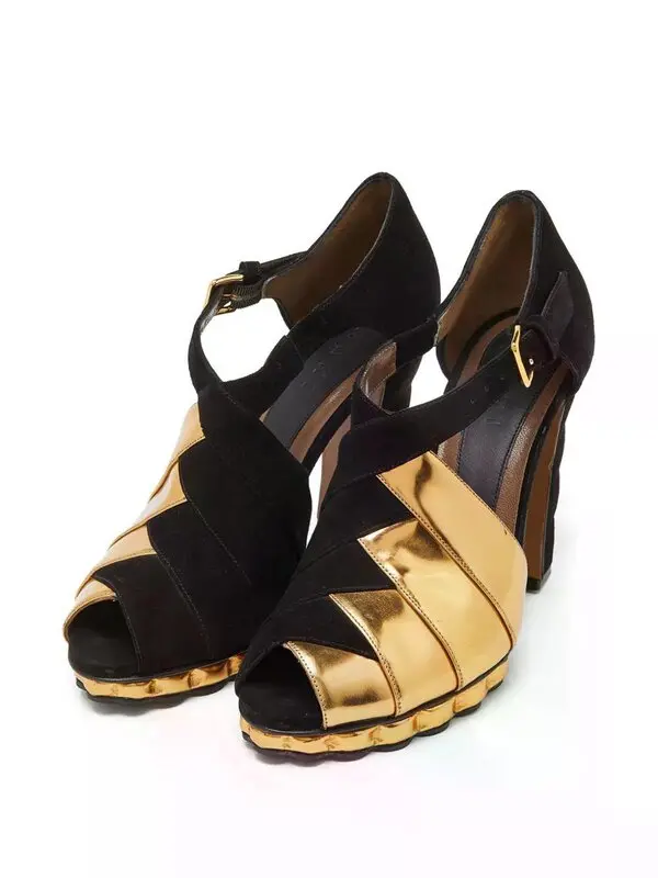 Marni Suede And Gold Metallic Peep-toe Sandals With Sculpted Heel