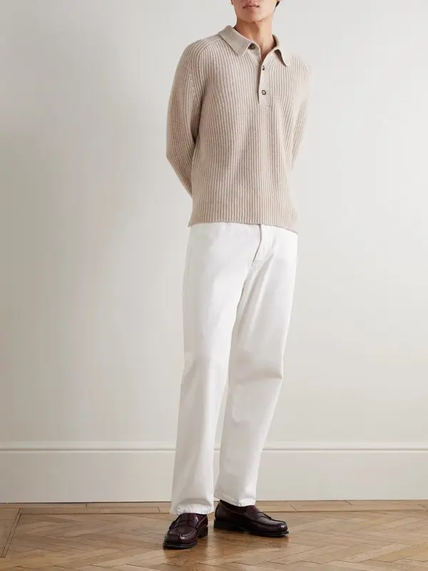 ALLUDE Ribbed Virgin Wool And Cashmere-blend Polo Sweater - Neutrals