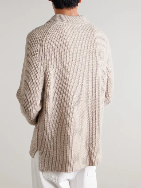 ALLUDE Ribbed Virgin Wool And Cashmere-blend Polo Sweater - Neutrals