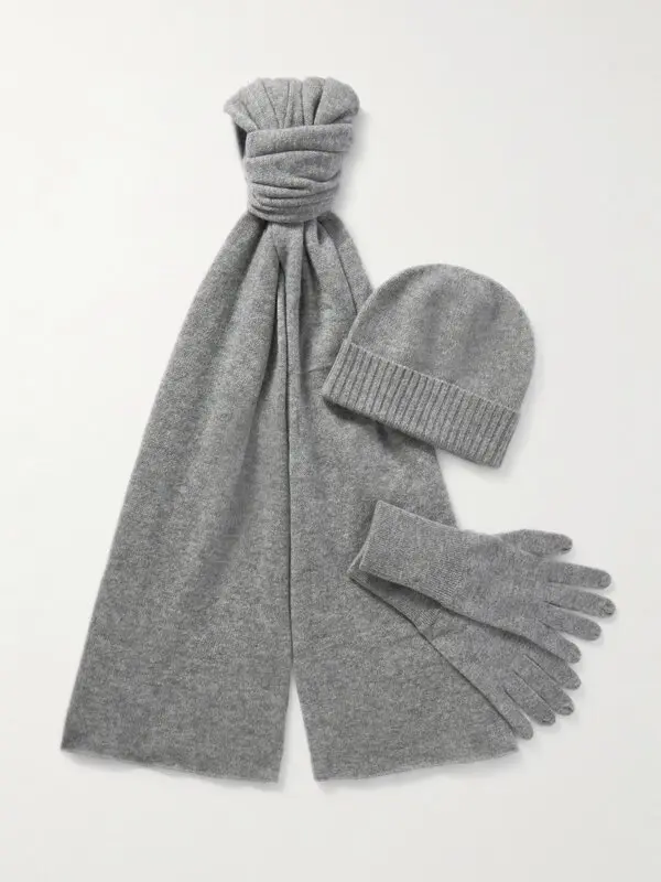 ALLUDE Cashmere Scarf, Beanie, And Gloves Set - Gray