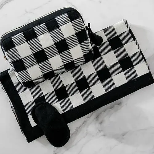 PINK LEMONADE Plaid Organic Cotton Travel Blanket And Eye Mask Set - Black