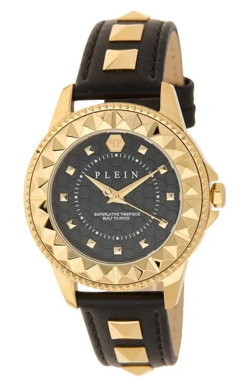 Philipp Plein Pyramid Studded Leather Strap Watch - Ip Yellow Gold