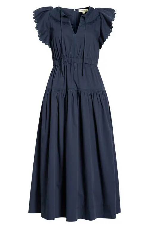 Moon River Flutter Sleeve Midi Dress - Navy