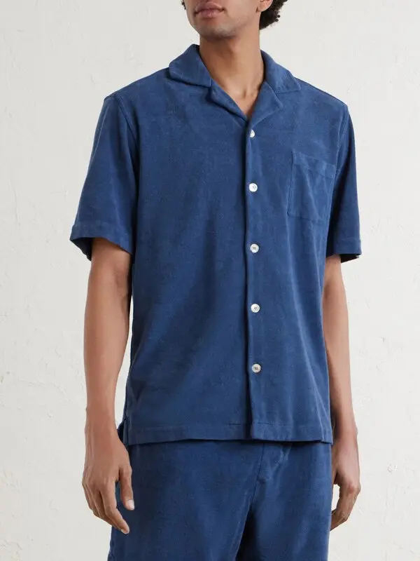Fedeli Camp-collar Cotton-terry Shirt - Blue