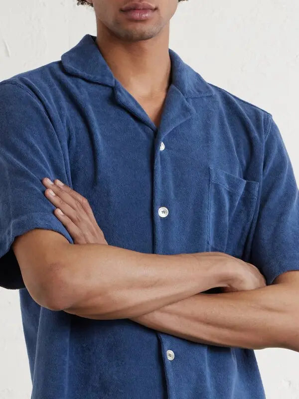 Fedeli Camp-collar Cotton-terry Shirt - Blue