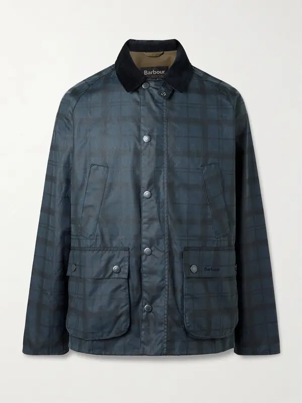 Barbour Ambleside Checked Waxed-cotton Jacket With Corduroy Collar - Blue
