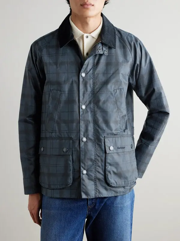Barbour Ambleside Checked Waxed-cotton Jacket With Corduroy Collar - Blue