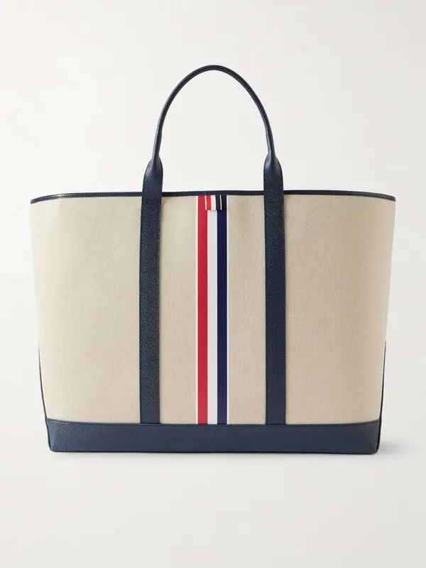Thom Browne Full-grain Leather-trimmed Cotton-canvas Tote Bag - Cream