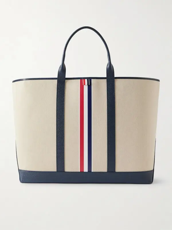 Thom Browne Full-grain Leather-trimmed Cotton-canvas Tote Bag - Neutrals