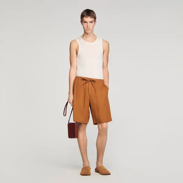 Sandro Elastic Waist Linen Shorts - Whisky
