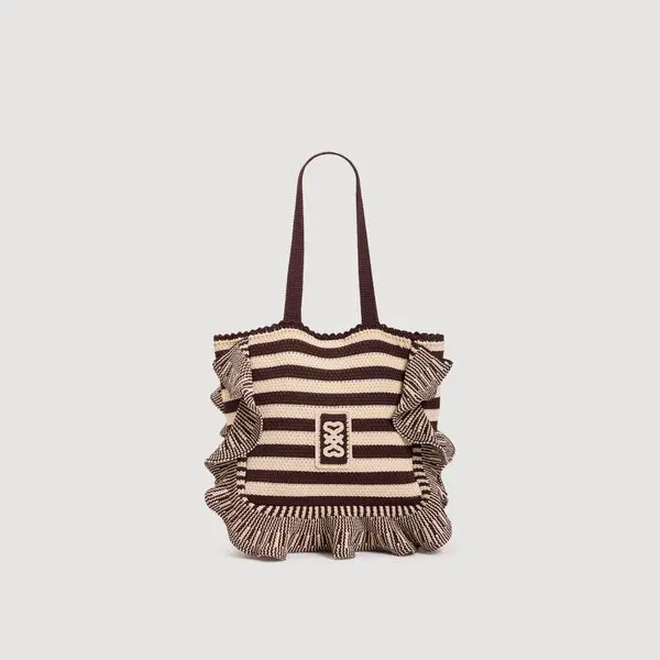 Sandro Striped Crochet Mesh Bag - Ecru / Brown