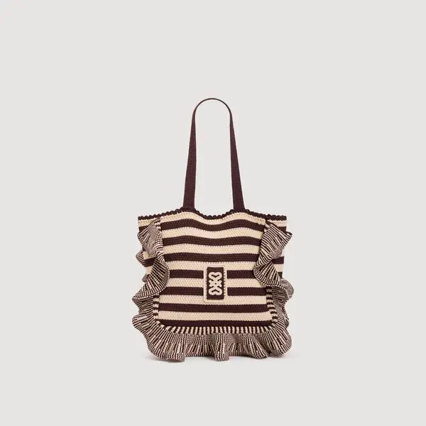 Sandro Striped Crochet Mesh Bag - Ecru / Brown