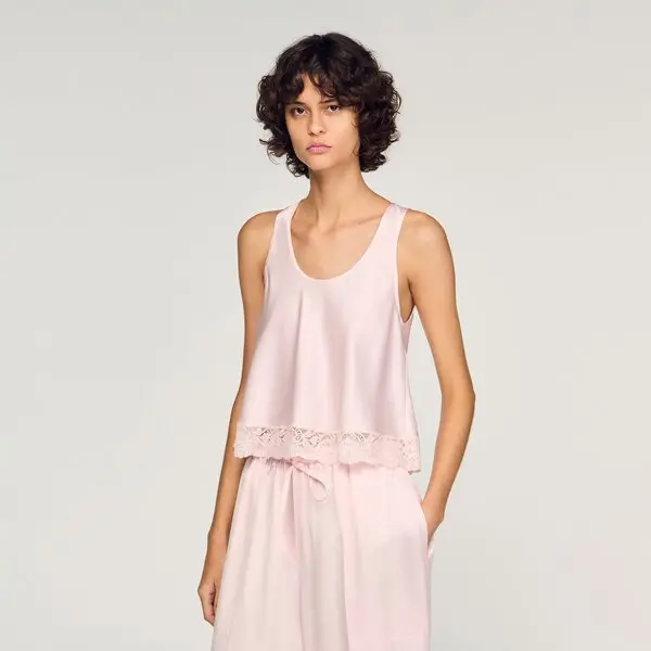 Sandro Satin Top With Lace Trim