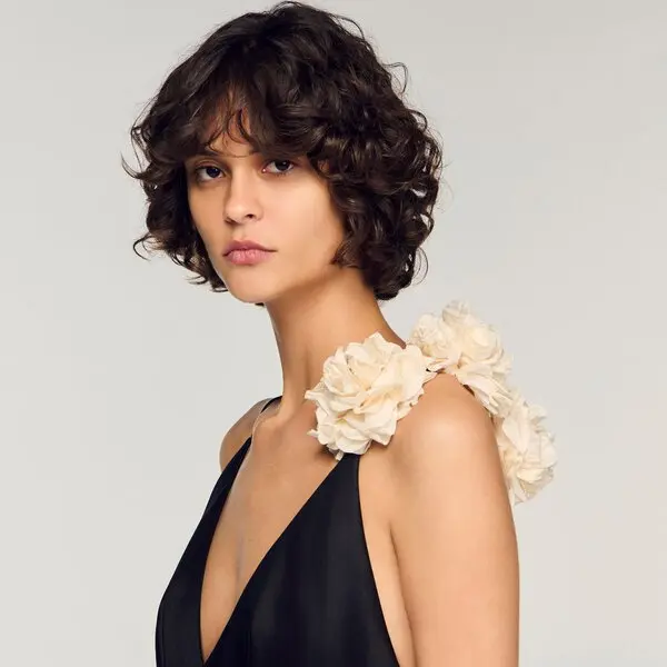 Sandro Floral Detail Asymmetrical Ruffled Mini Dress - Black