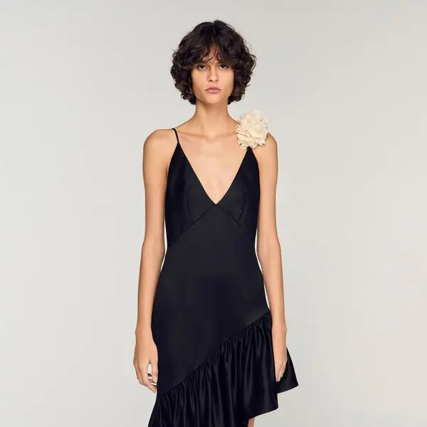 Sandro Floral Detail Asymmetrical Ruffled Mini Dress - Black