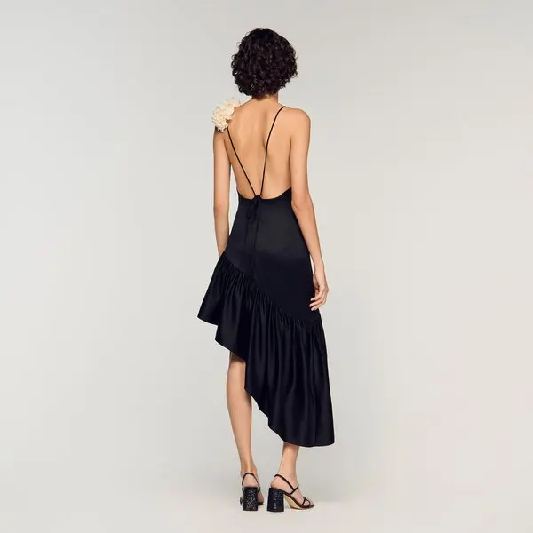 Sandro Floral Detail Asymmetrical Ruffled Mini Dress - Black