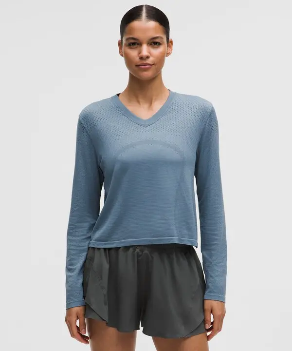 Lululemon Swiftly Open-hole V-neck Long-sleeve Shirt - Steel Blue/steel Blue