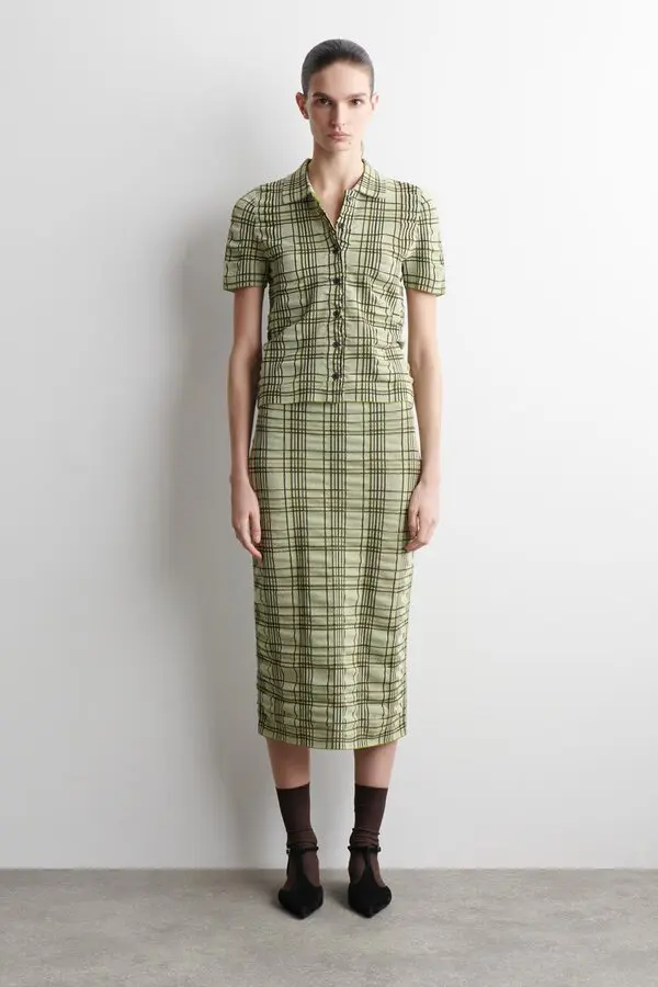 Cos Checked Cotton-jacquard Midi Skirt - Green