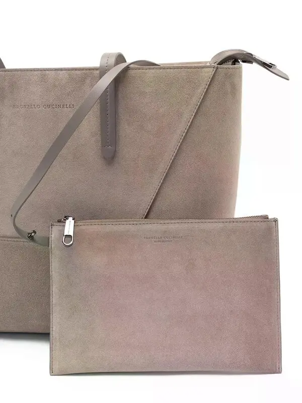 Brunello Cucinelli Leather Tote Bag With Detachable Pouch - Grey