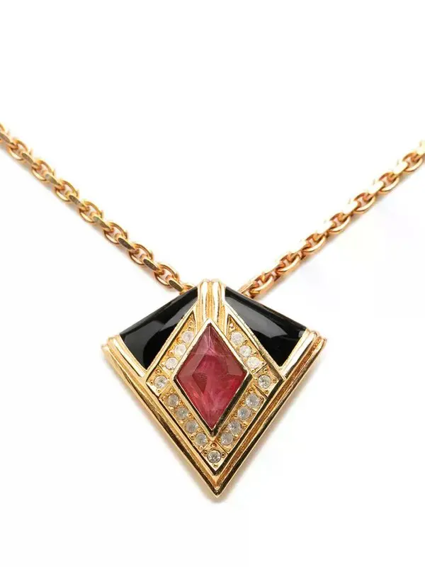 Dior 20th Century Plated Rhinestone Enamel Geometric Diamond Pendant Necklace Costume Necklace - Gold