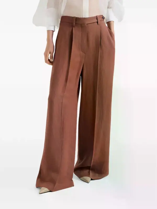 Brunello Cucinelli Fluid Twill Wide Trousers With Monili Embroidery - Brown