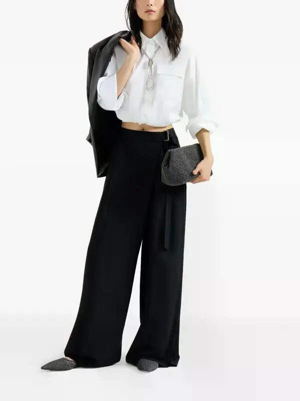 Brunello Cucinelli Fluid Twill Palazzo Trousers With Monili Embellishment - Black