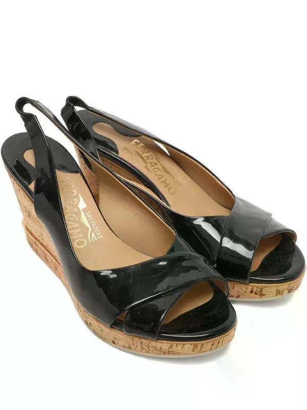 FERRAGAMO Patent Leather Cork Wedge Heel Sandals