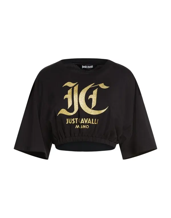 Just Cavalli Cotton Cropped T-shirt With Glitter Logo - Black