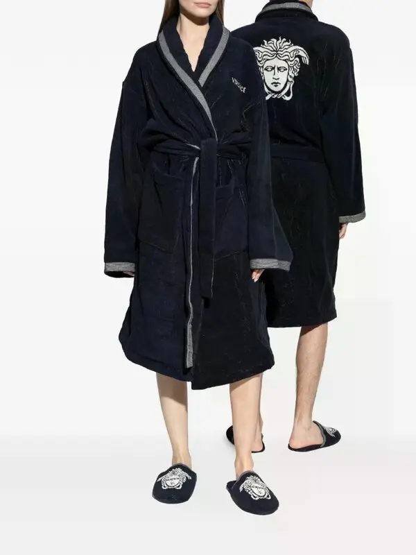 Versace Embroidered-graphic Cotton Bathrobe - Blue