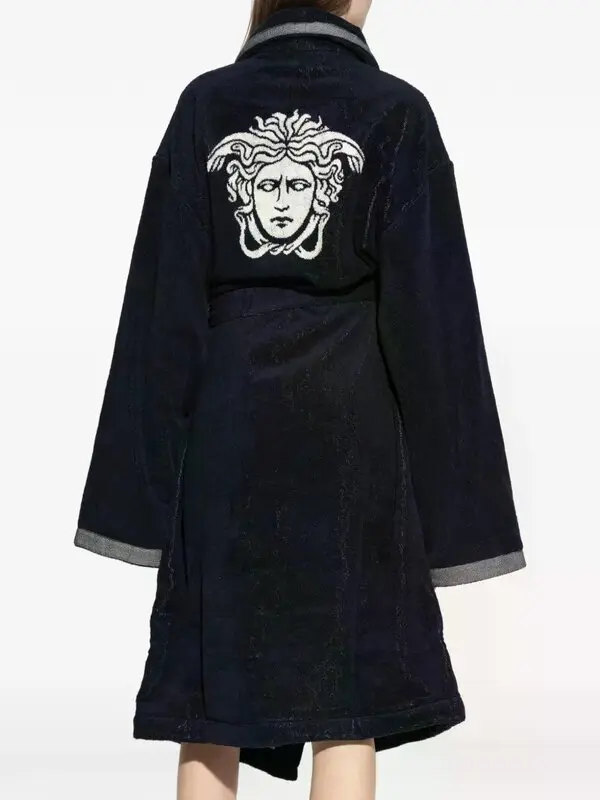 Versace Embroidered-graphic Cotton Bathrobe - Blue