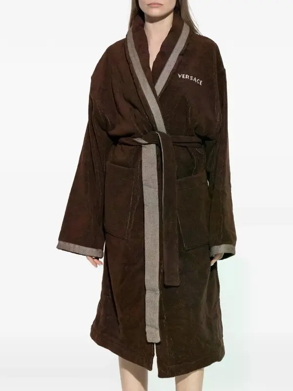 Versace Embroidered-graphic Cotton Bathrobe - Brown
