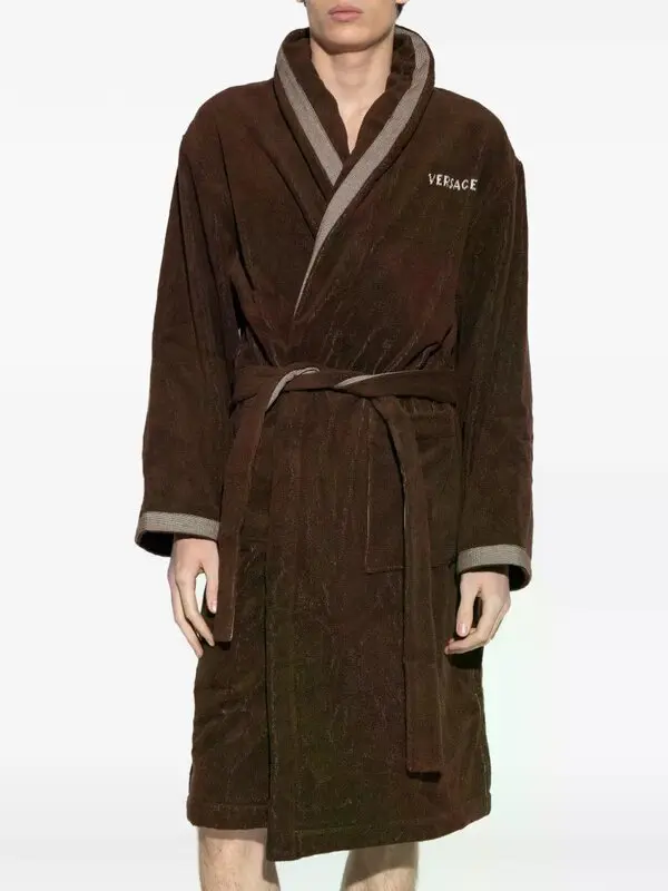Versace Embroidered-graphic Cotton Bathrobe - Brown